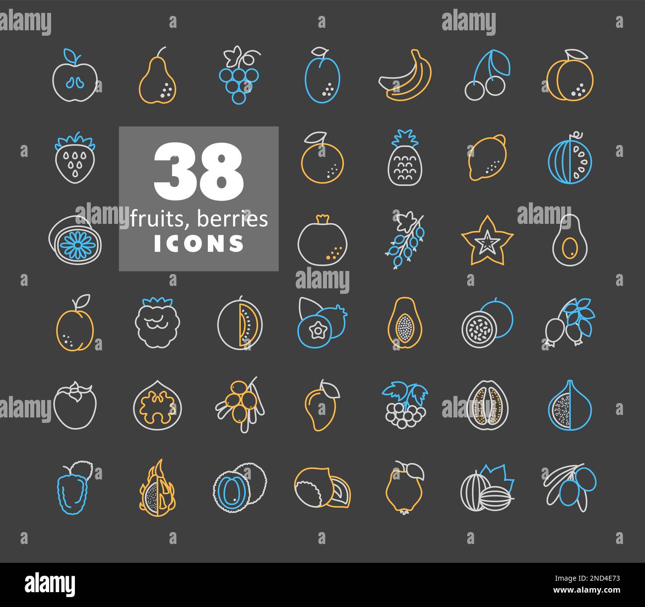 Set of Fruits and Berries vector on dark background icon. Graph symbol ...