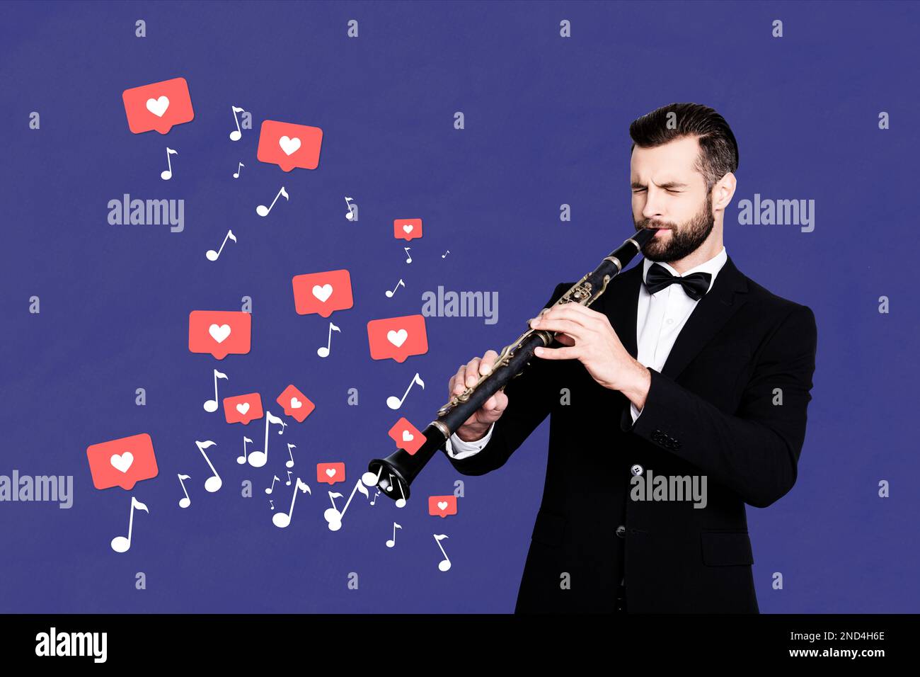 Creative collage picture of elegant classy man playing flute flying ...