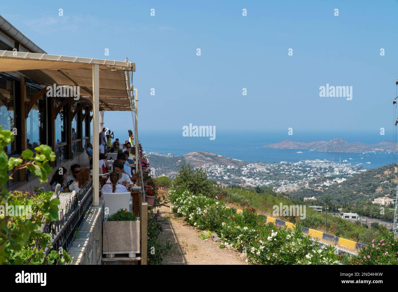View from the top of the hill Bodrum city, selective focus. People ...