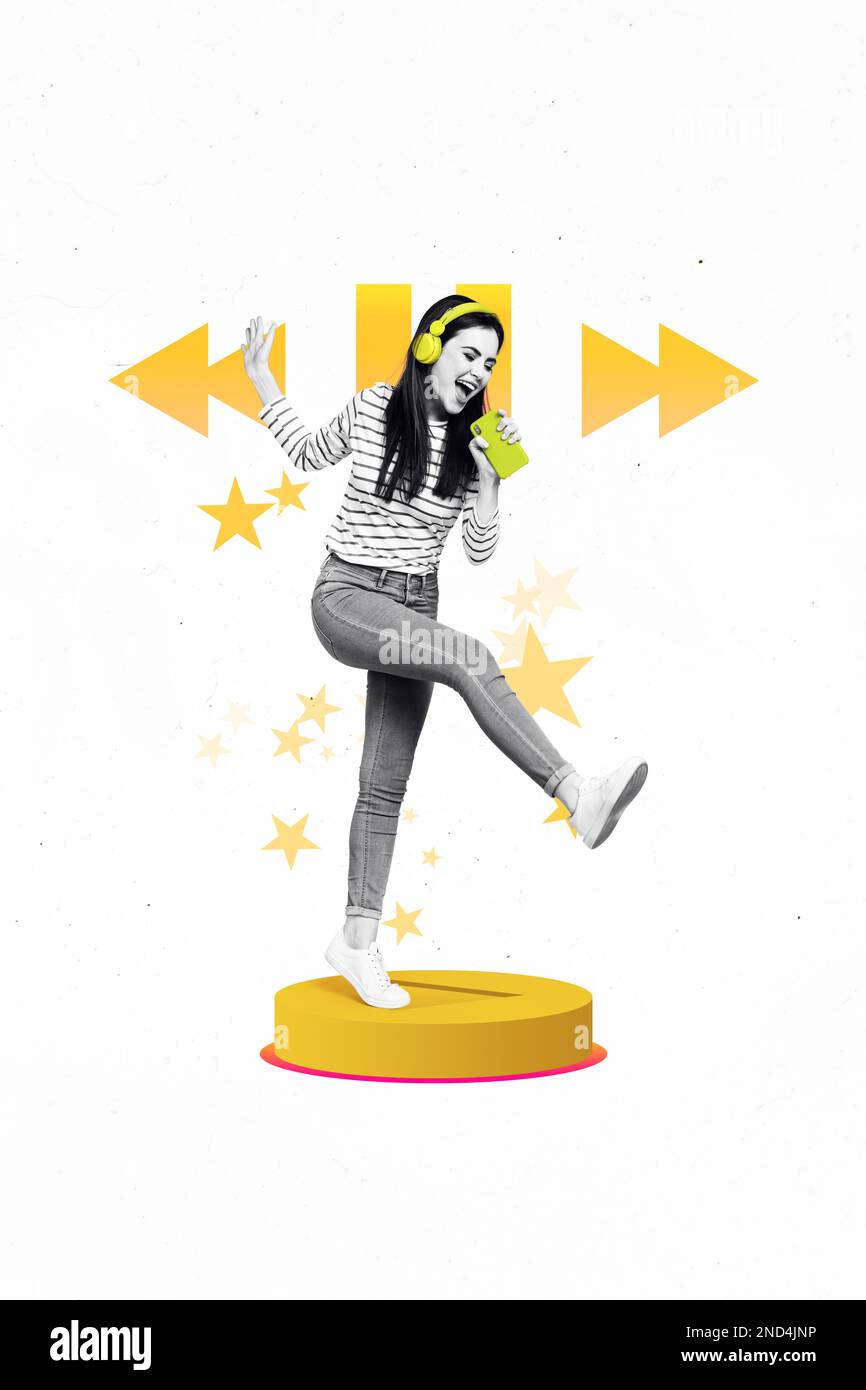 Vertical collage image of mini overjoyed black white effect girl stand ...