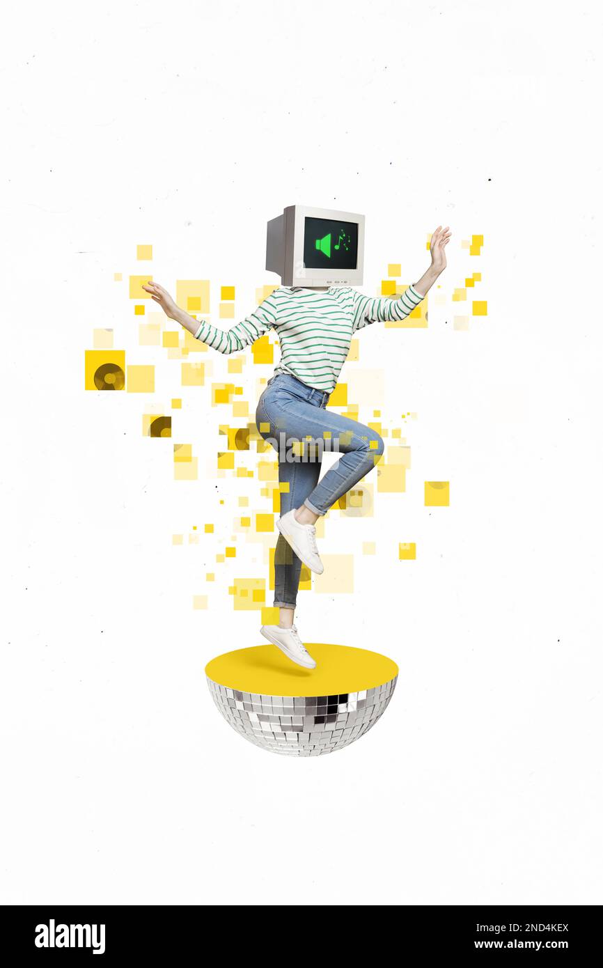 Vertical collage picture of mini overjoyed girl pc monitor instead head ...