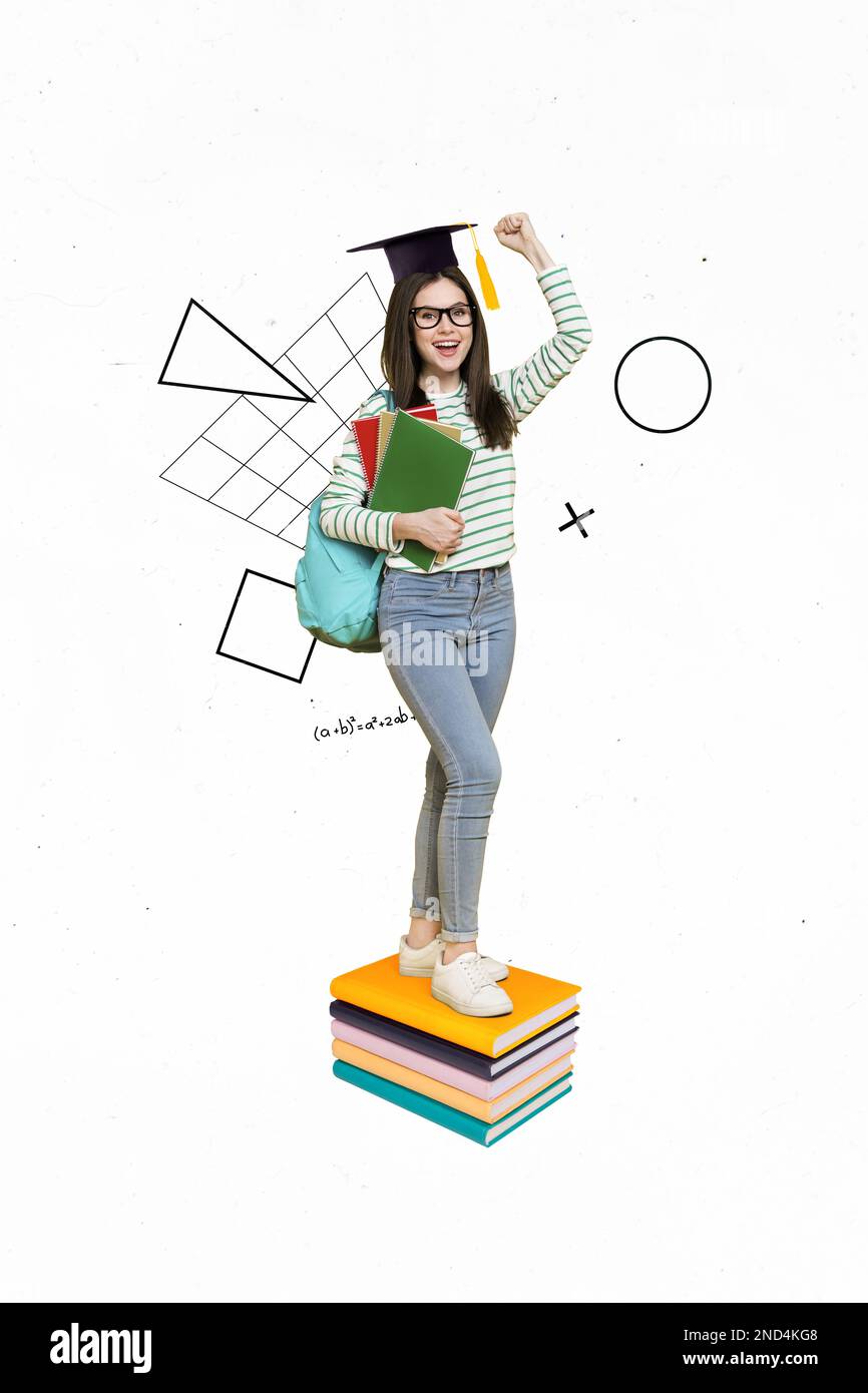 Vertical collage image of delighted mini girl stand pile stack book ...