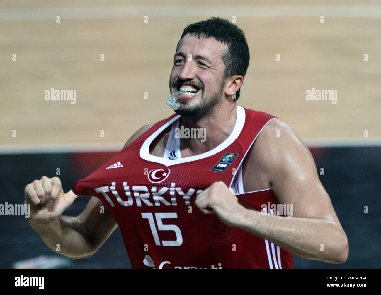 Turkey's Hidayet Turkoglu celebrates their 83-82 victory over Serbia ...