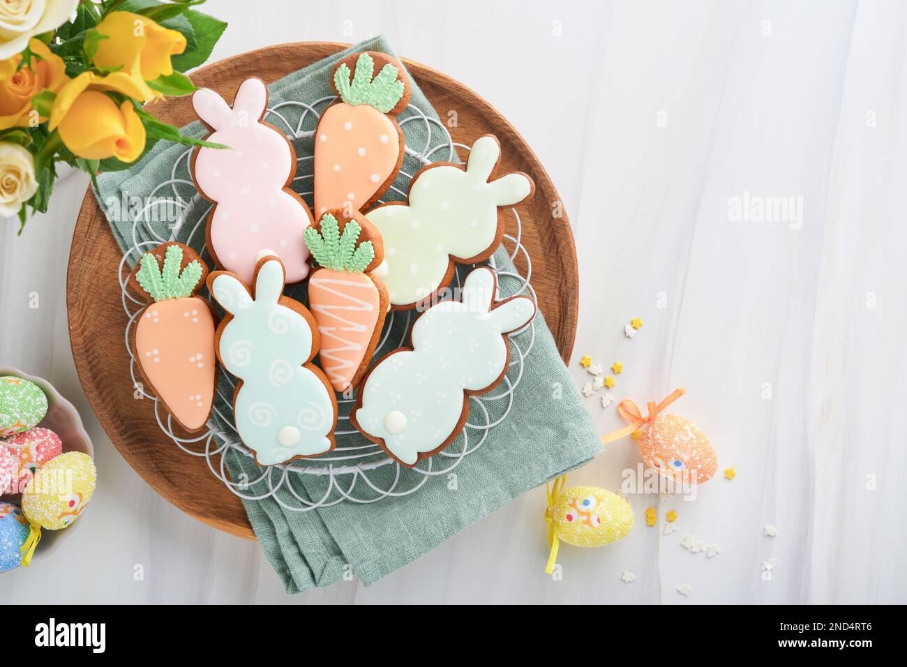 Easter breakfast Holliday concept. Easter gingerbread shape of bunny ...