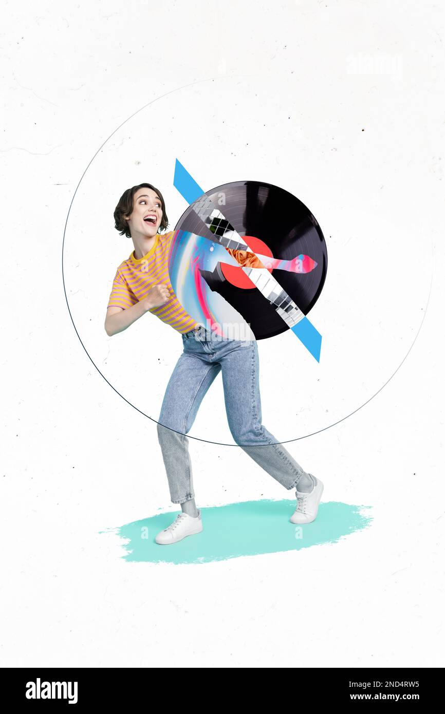 Vertical collage image of positive satisfied girl dancing partying big ...