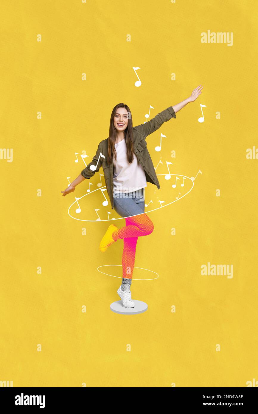 Vertical collage picture of satisfied overjoyed girl enjoy dancing ...