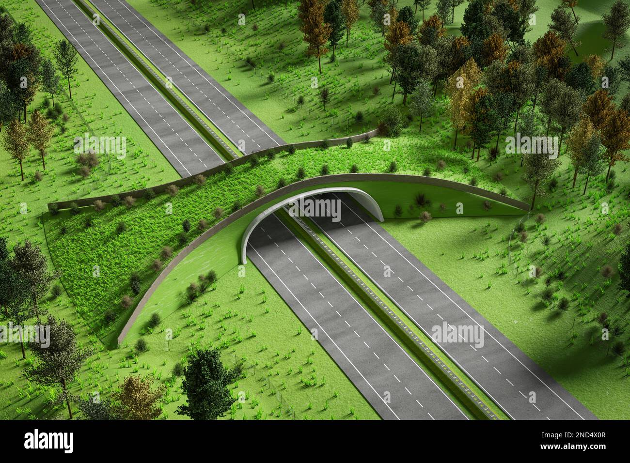 Aerial view of ecoduct or wildlife crossing - vegetation covered bridge ...