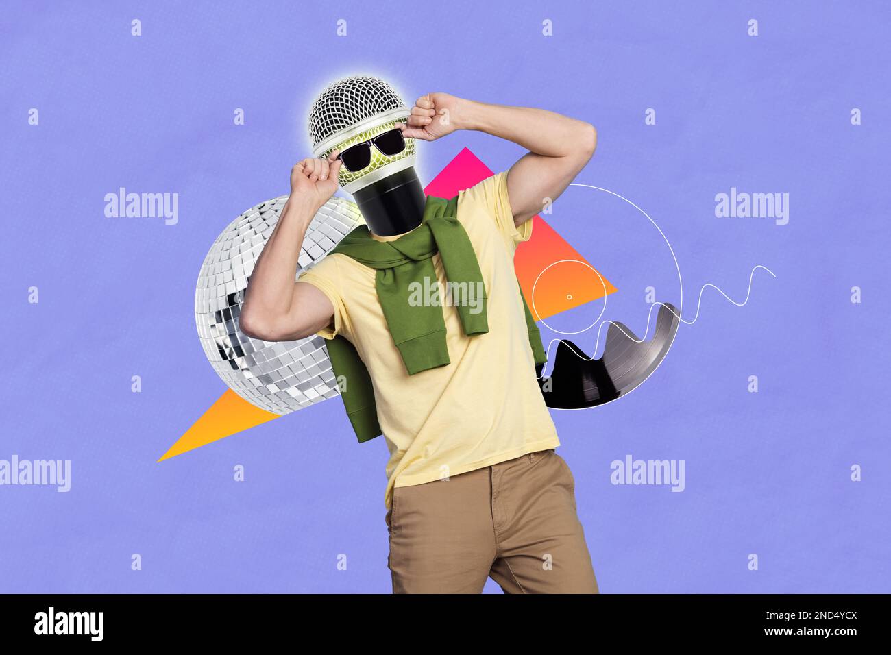 Creative retro 3d magazine collage image of cool absurd guy mic instead ...