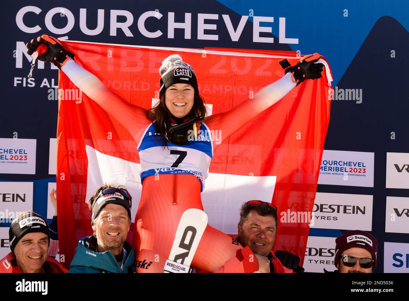 France. 15th Feb, 2023. Wendy Holdener of Switzerland with members of ...
