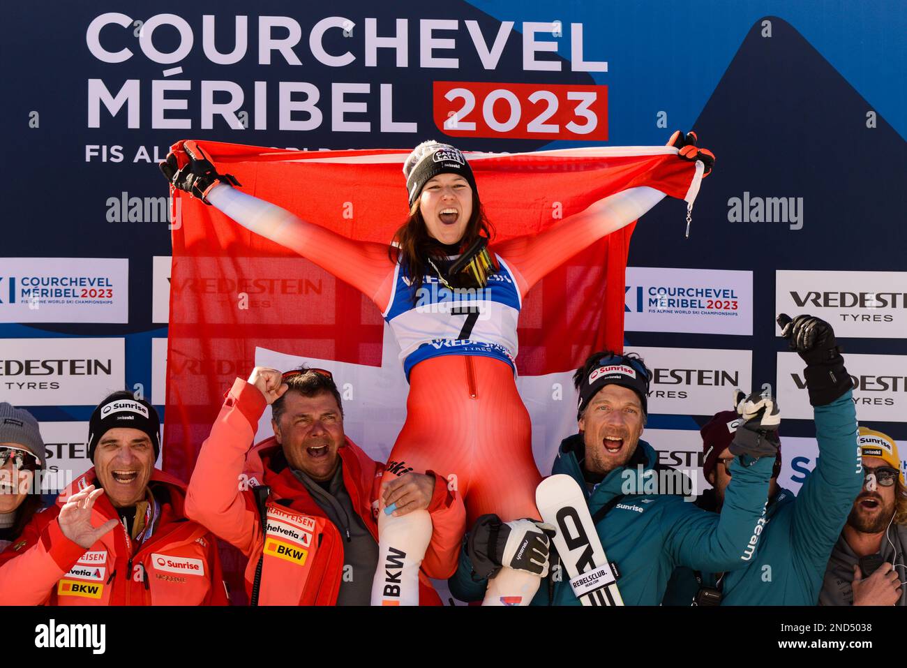 France. 15th Feb, 2023. Wendy Holdener of Switzerland with members of ...