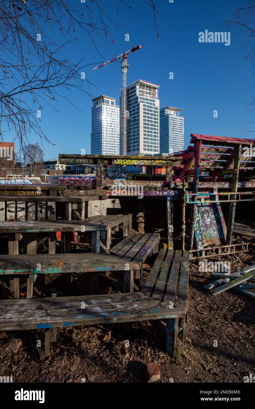 Stairs and structures of Suvilahti DIY Skatepark with newly-built ...