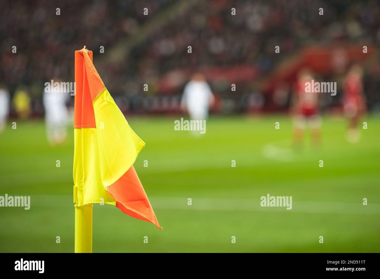 Flag in the corner of football pitch at the stadium during the match ...