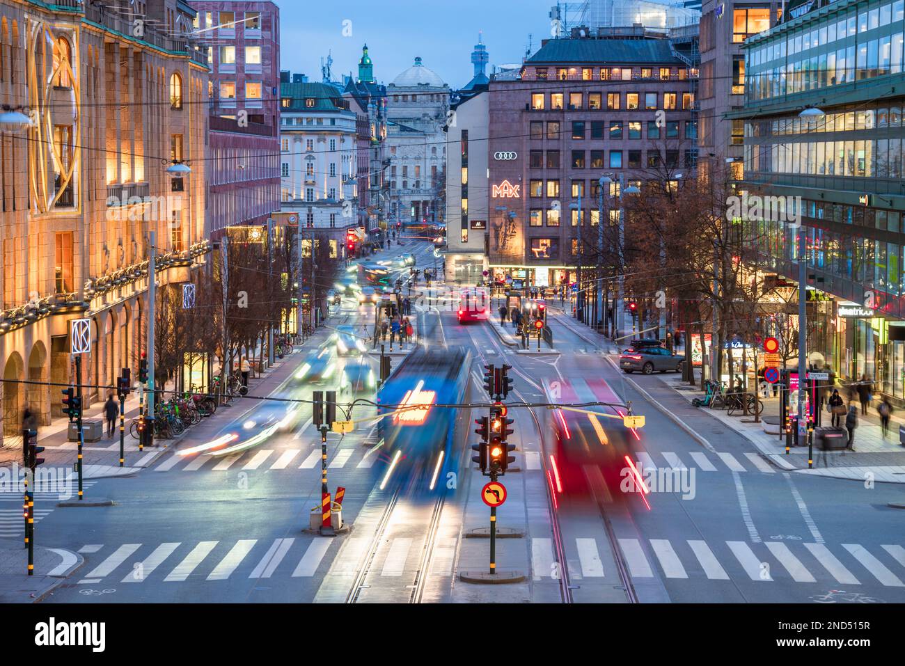 Stockholm, Sweden. January 23, 2023. Elevated view of a high street in ...