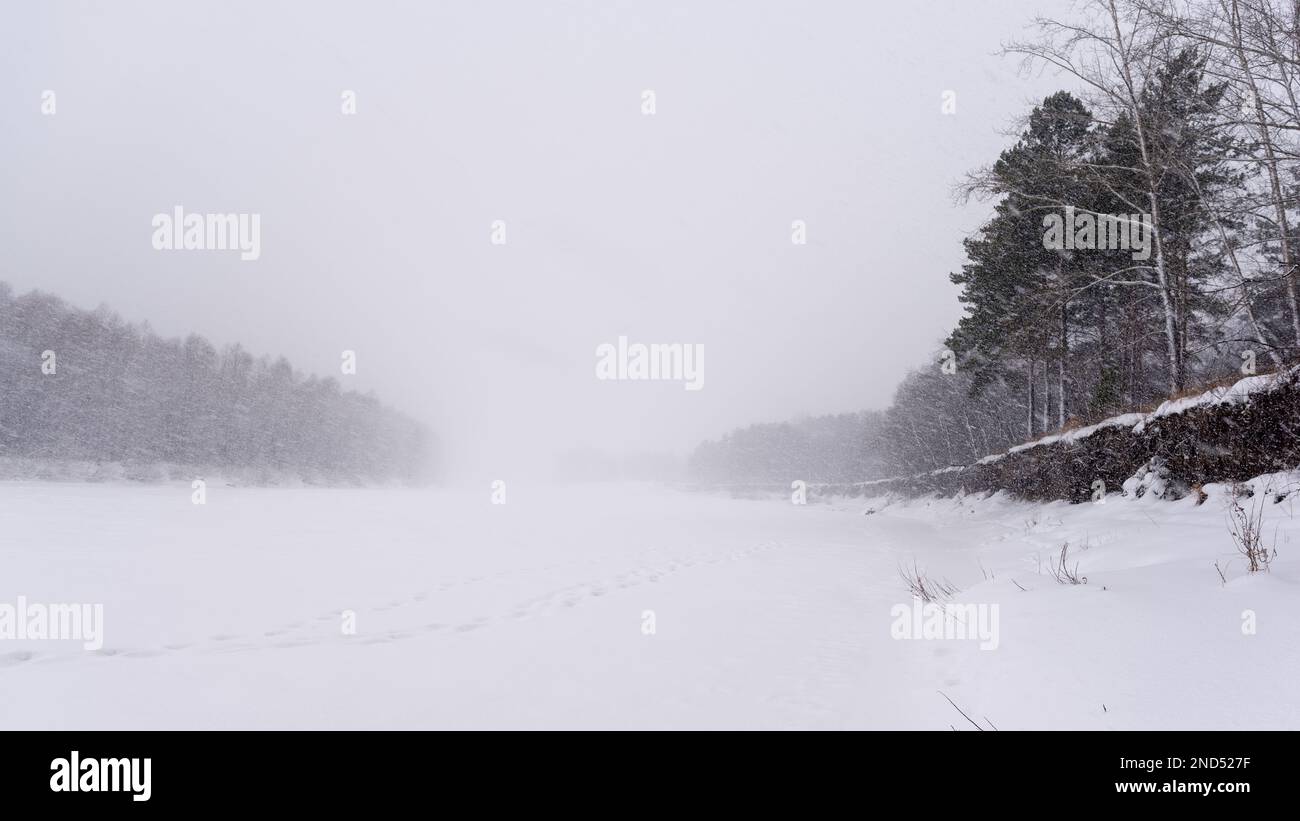 A heavy snowstorm covers the tracks on the ice of the river in winter ...