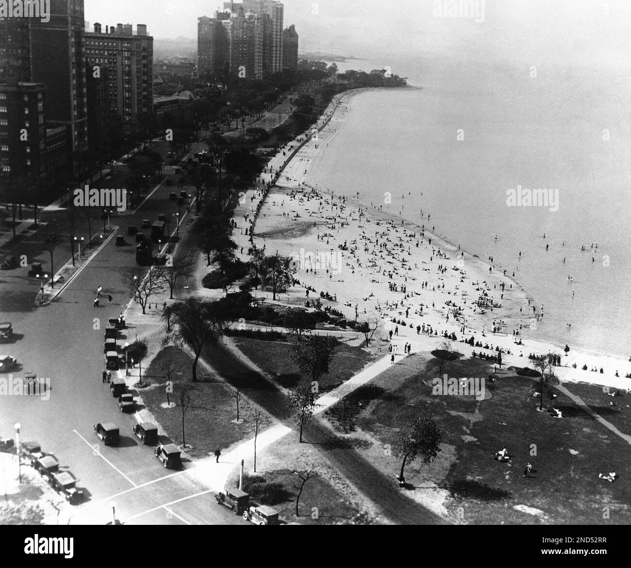 An aerial view of Oak Street Beach in Chicago, Illinois, USA around ...