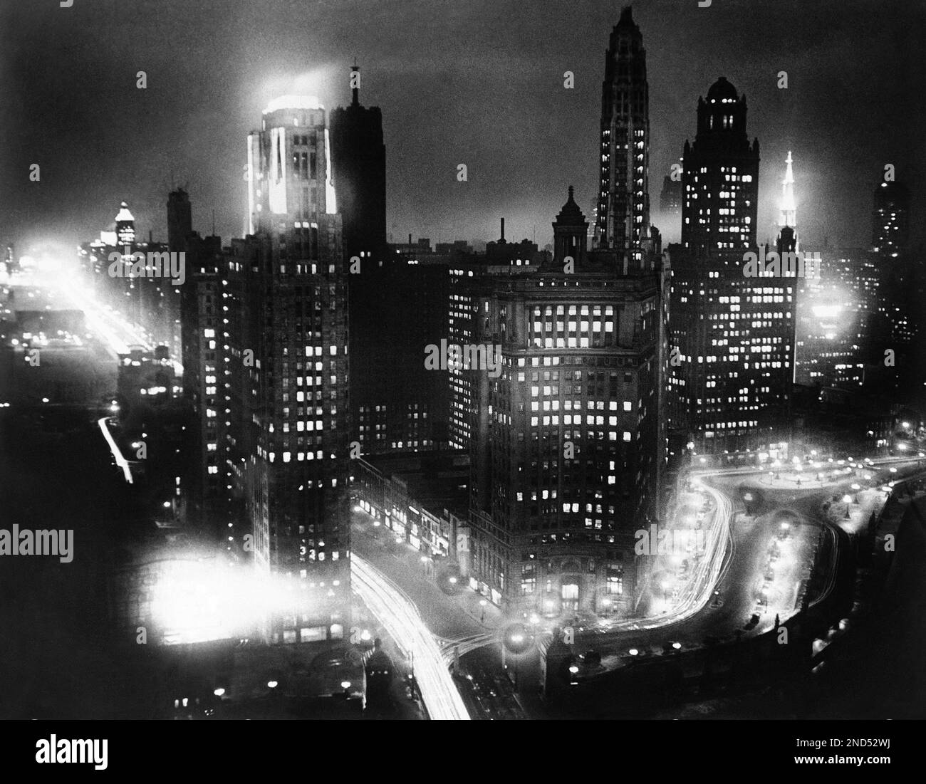 A view of Chicago, Illinois, USA taken at night around February 1930 ...
