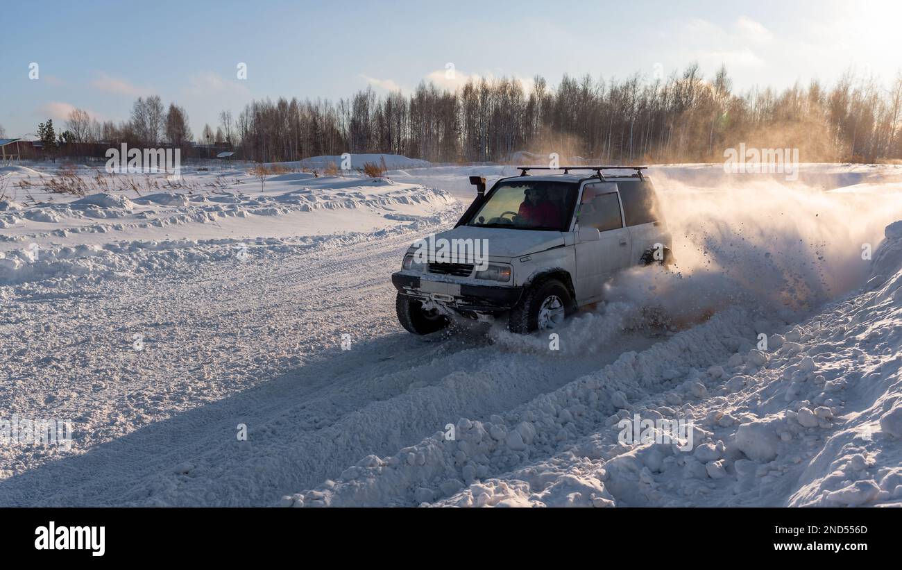 Russia, Novosibirsk-January 20, 2020 All-wheel drive 4x4 white SUV ...