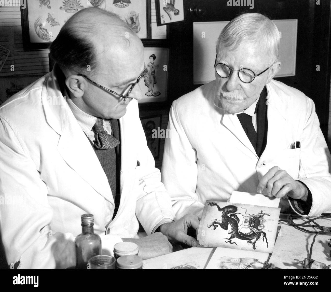 George Burchett, 78-year-old tattoo artist of London, England, right ...