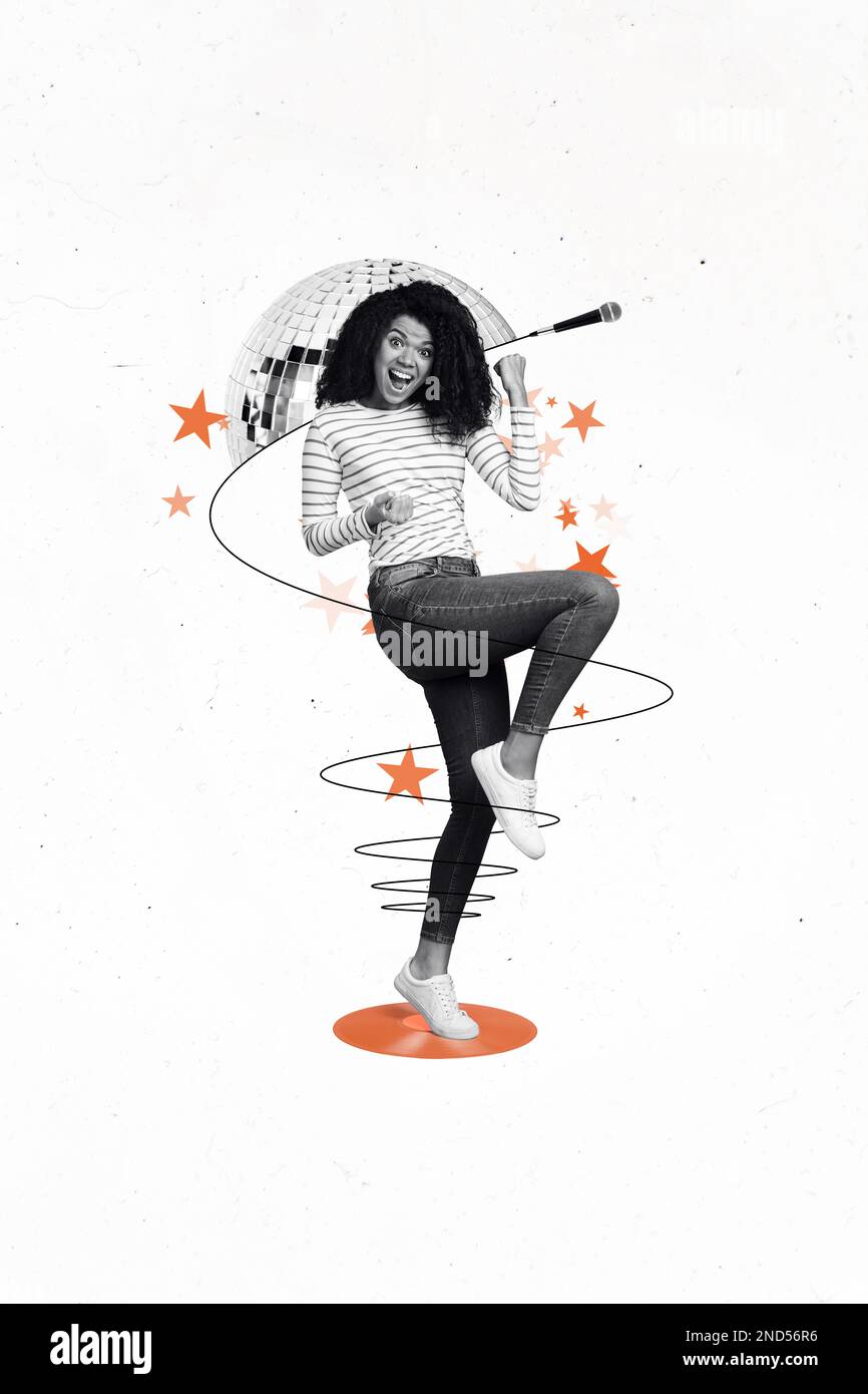 Vertical collage of youngster carefree lady dance fists up singer cable ...