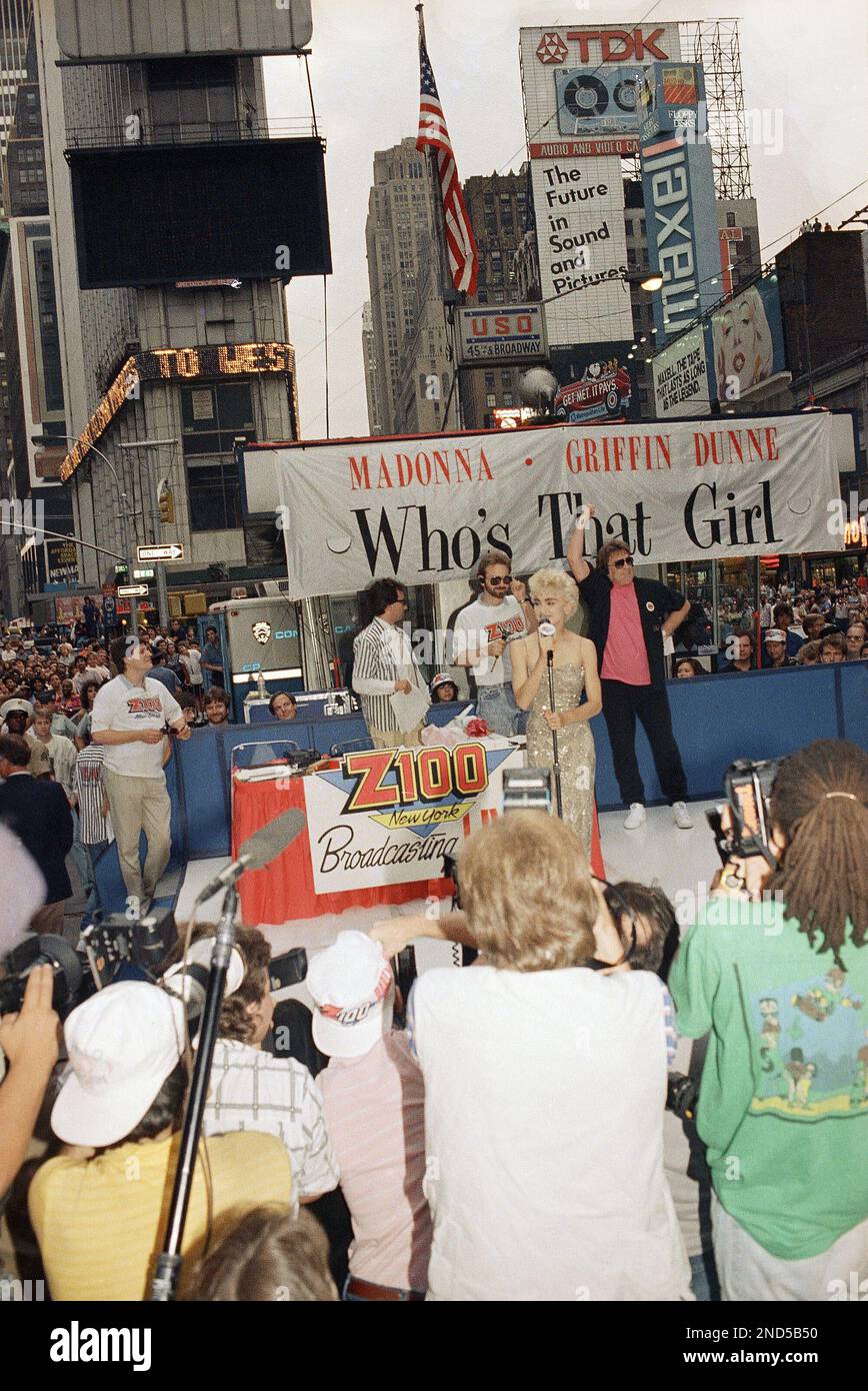 Madonna appears before Times Square crowds in New York, Aug. 6, 1987 ...