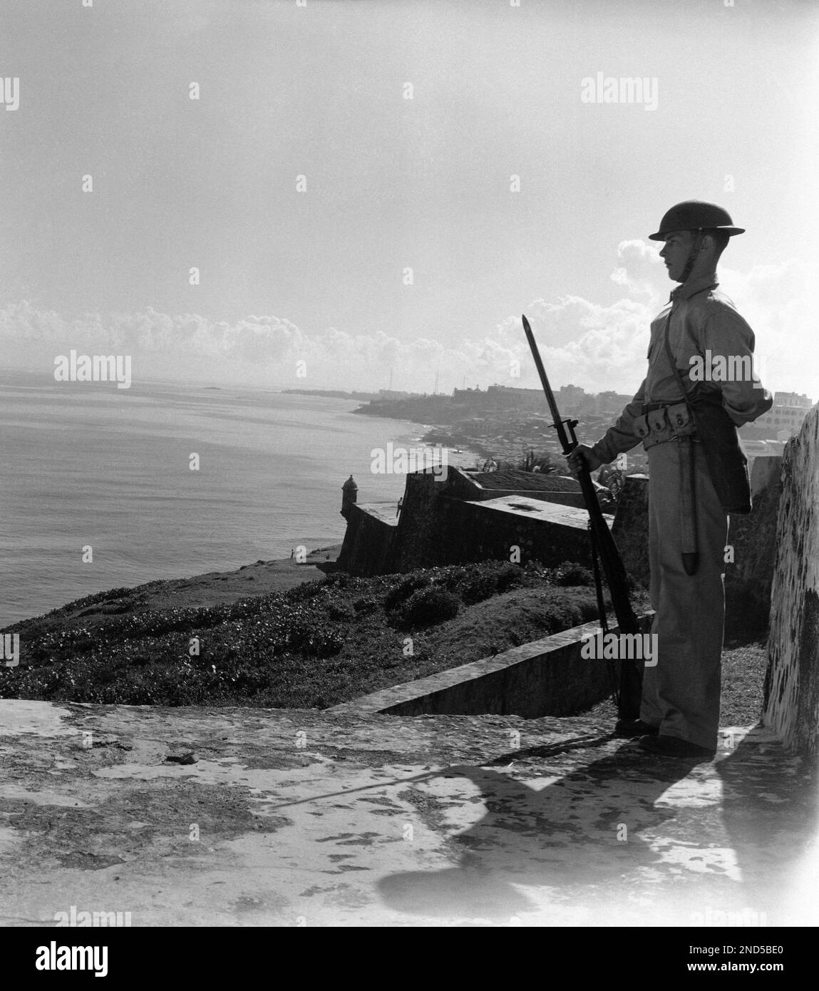 An American soldier stands sentry duty at Fort San Cristobal at San ...