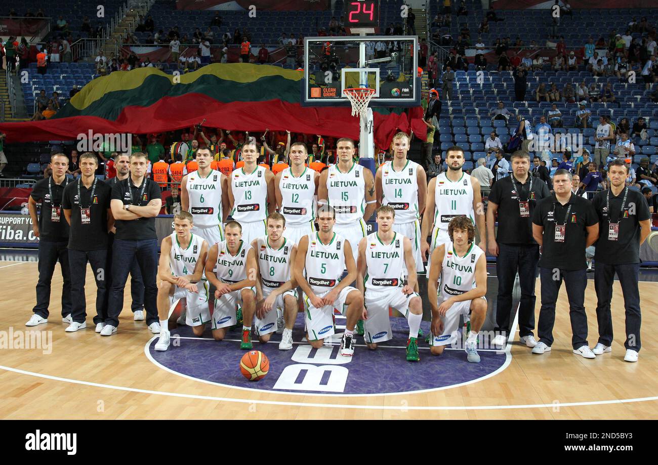Lithuania team poses before a World Basketball Championship round of 16 ...