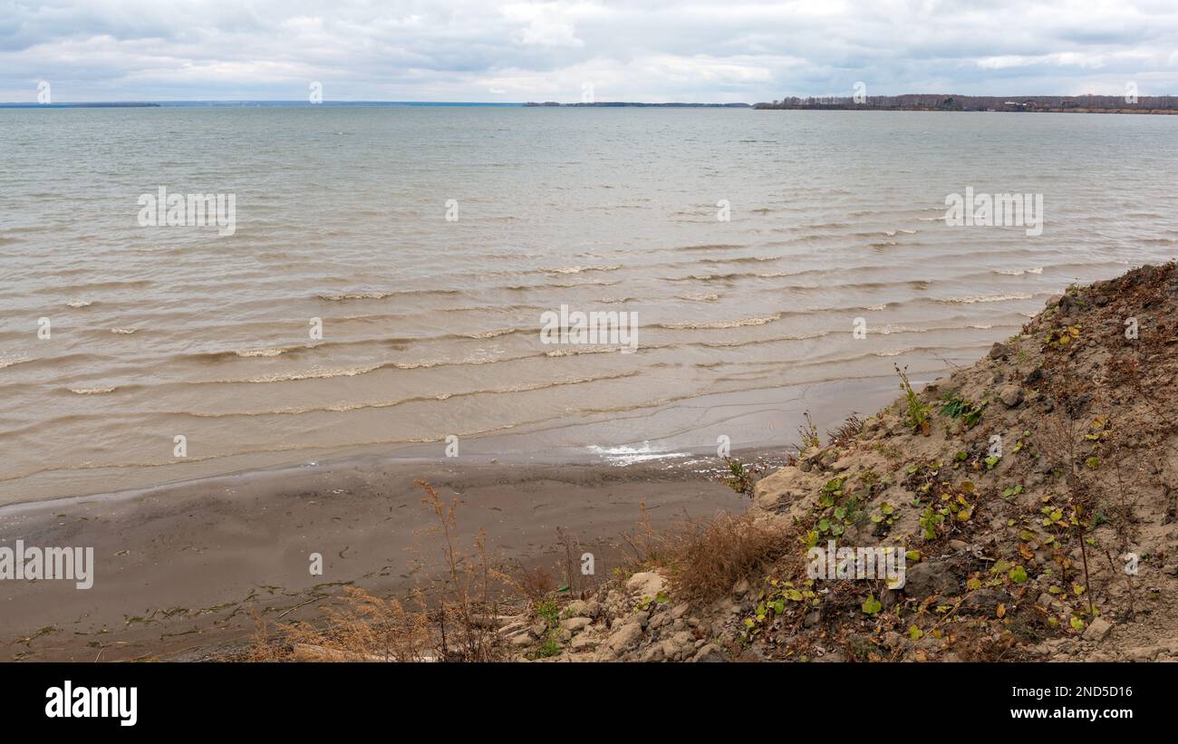 Waves of autumn muddy sea with clay wash the sandy shore with the ...