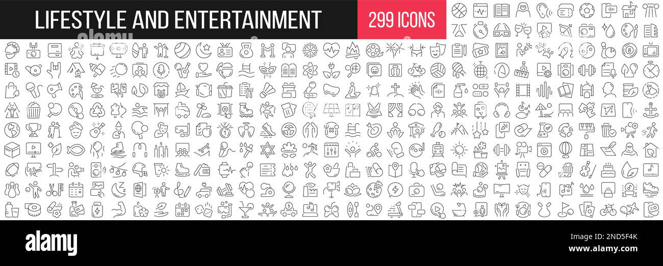 Lifestyle and entertainment linear icons collection. Big set of 299 thin line icons in black ...