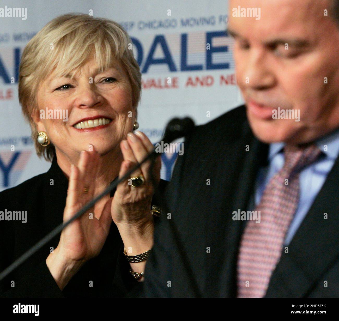 FILE - In this Feb. 27, 2007 file photo, Maggie Daley, left, applauds ...