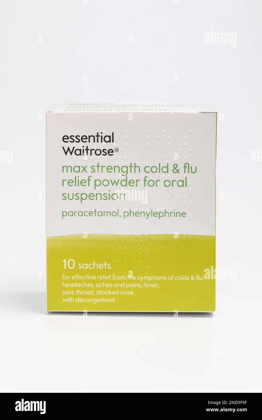 A box of Waitrose Essential cold and flu relief Stock Photo - Alamy