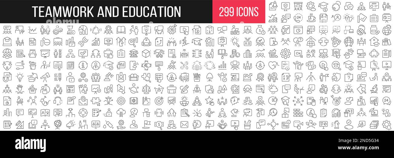 Teamwork and education linear icons collection. Big set of 299 thin ...