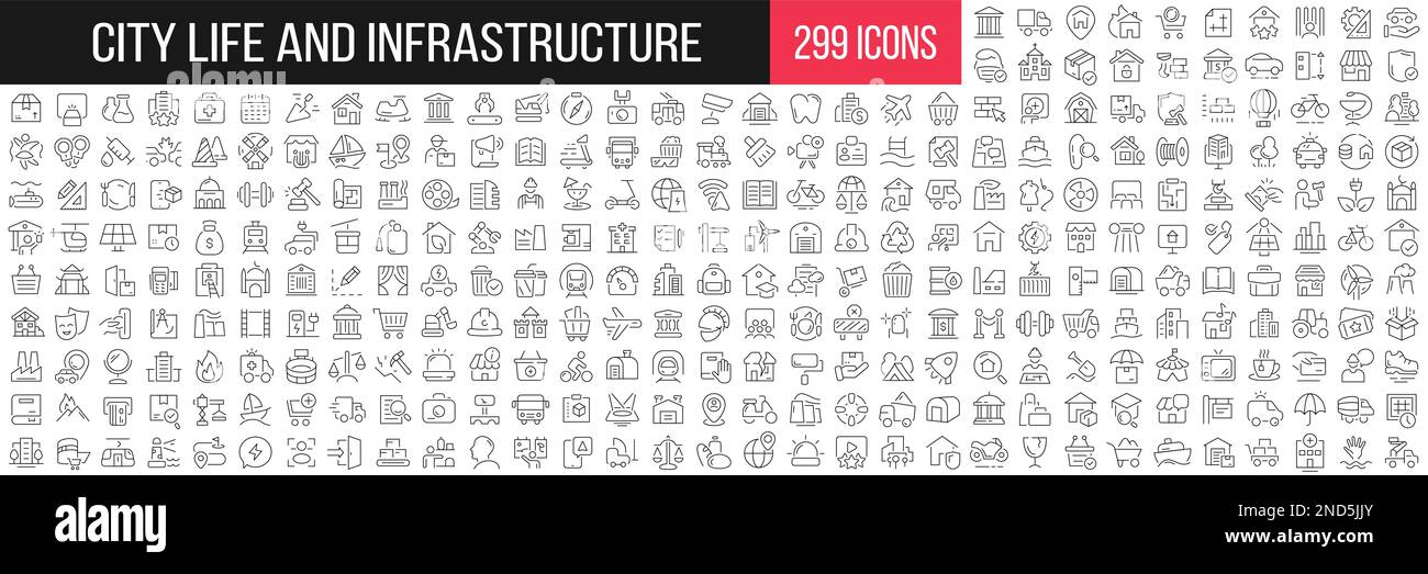 City life and infrastructure linear icons collection. Big set of 299 ...