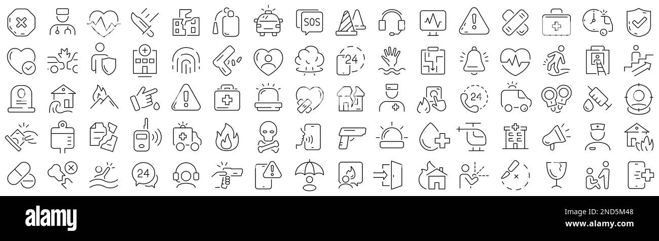 Set of emergency and accident line icons. Collection of black linear ...