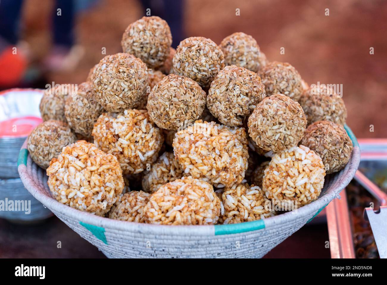 Nepali Sweet Dish Laddu made of puffed rice and beaten rice. selective ...