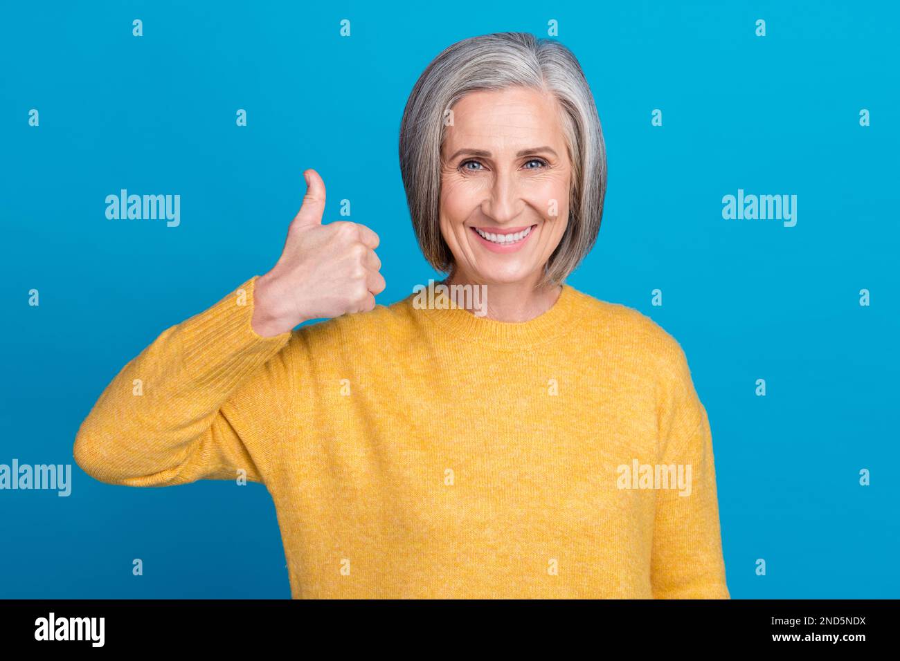 Photo portrait of old stunning grandma showing thumb up smile dressed ...