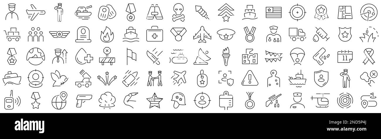 Set of military and war line icons. Collection of black linear icons ...
