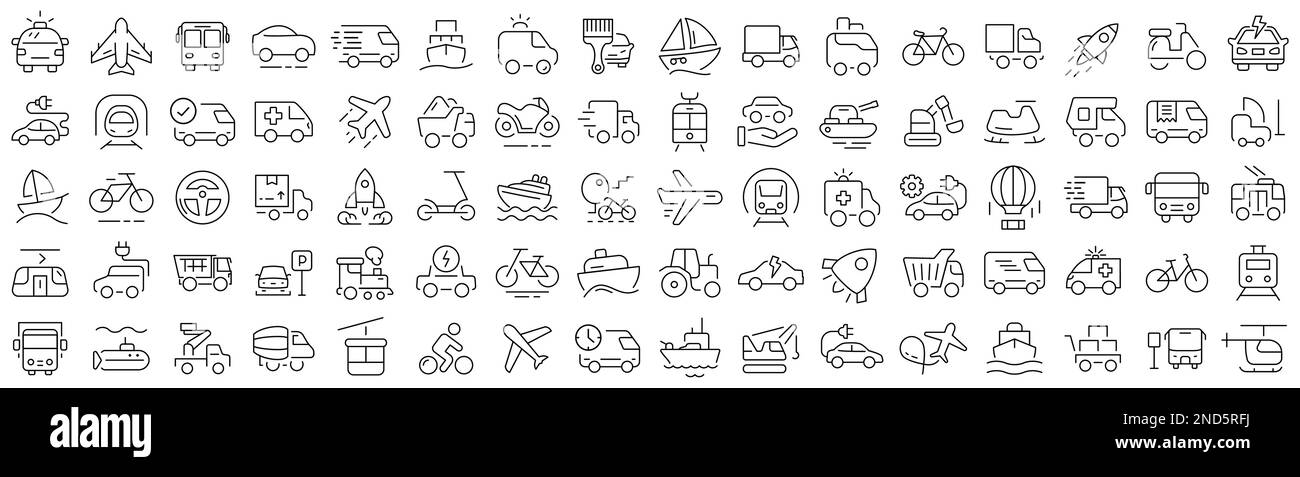 Set of vehicle and transport line icons. Collection of black linear ...