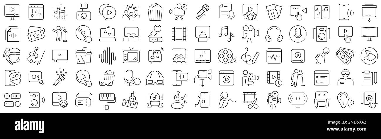 Set of music and video line icons. Collection of black linear icons ...