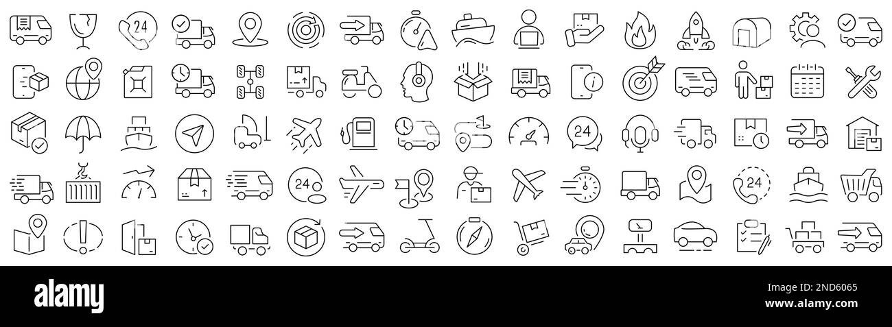 Set of delivery and logistics line icons. Collection of black linear ...