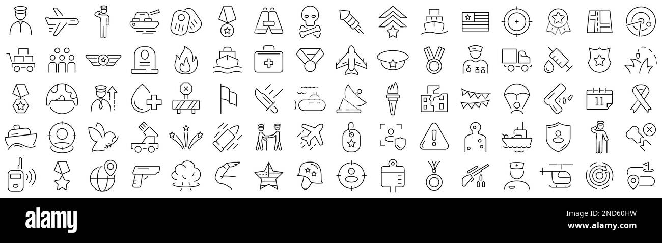Set of military and war line icons. Collection of black linear icons ...