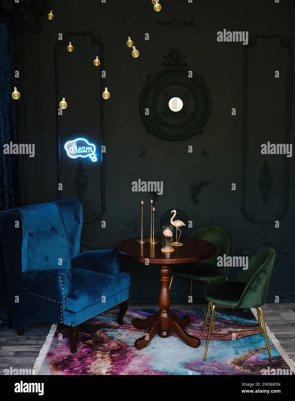 Modern seating space with wooden table, dark blue armchair and velvet ...