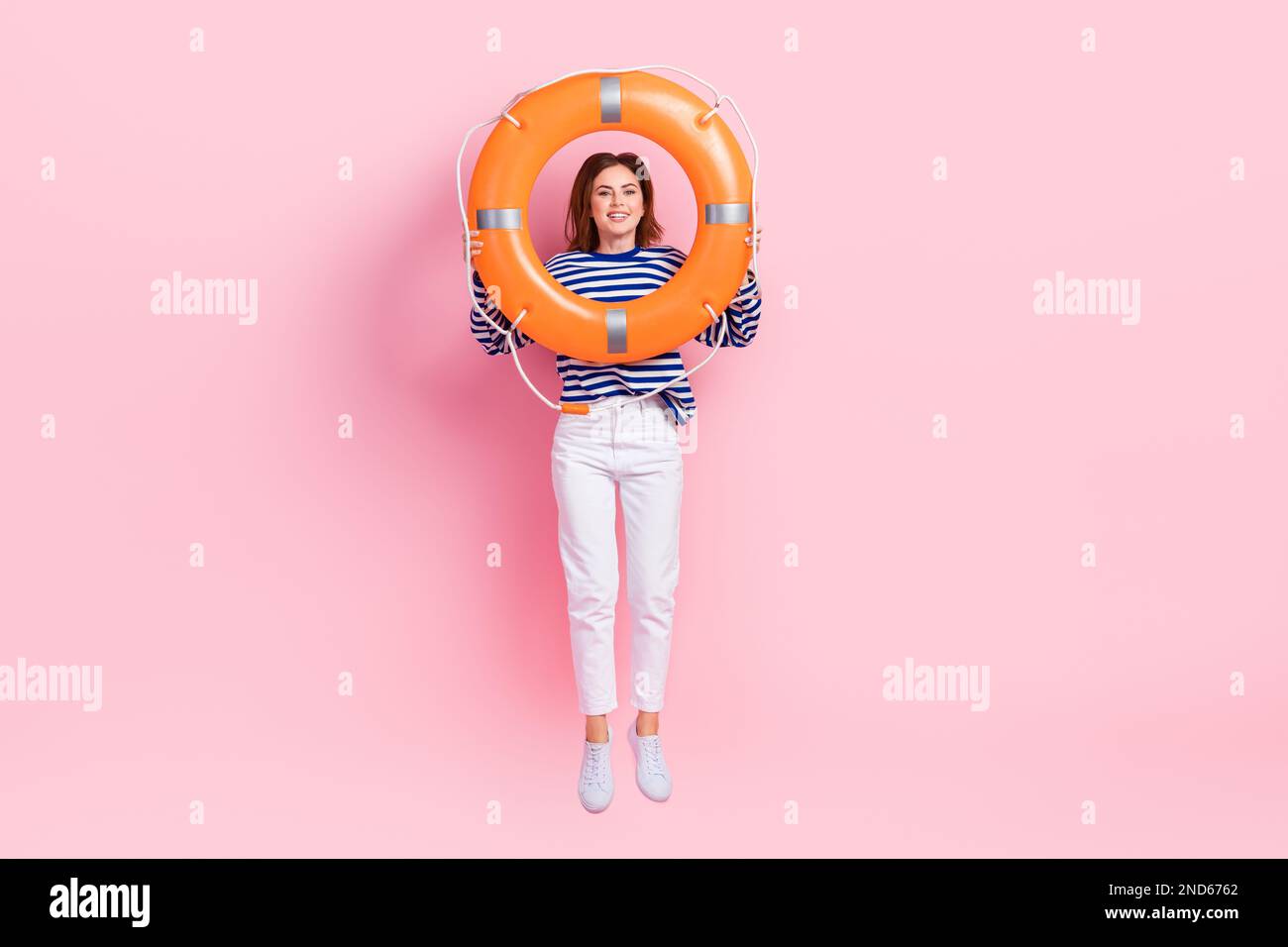 Full body portrait of overjoyed crazy lady jumping arms hold safety ...
