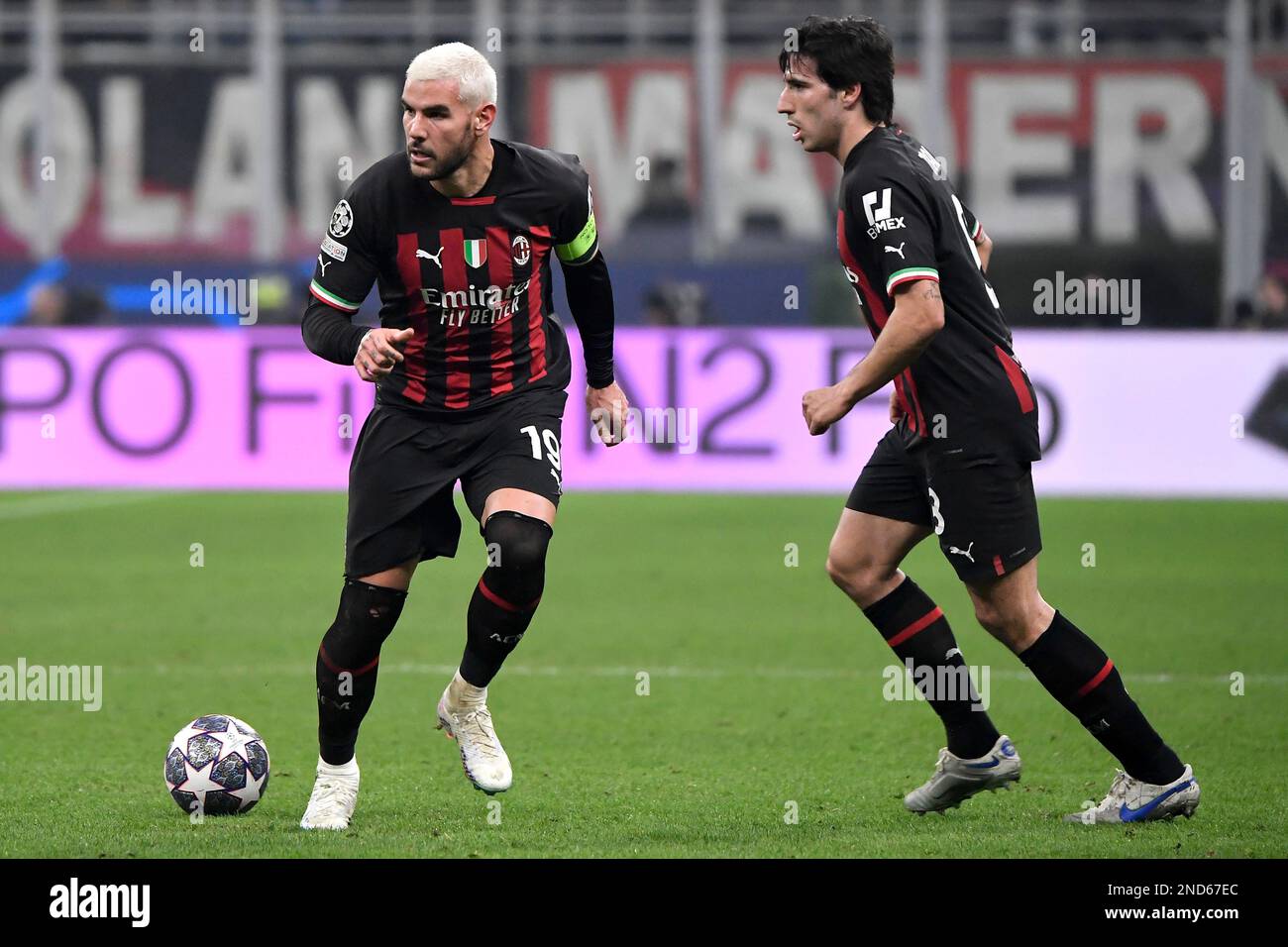 Theo Hernandez and Sandro Tonali of AC Milan during the Uefa Champions ...