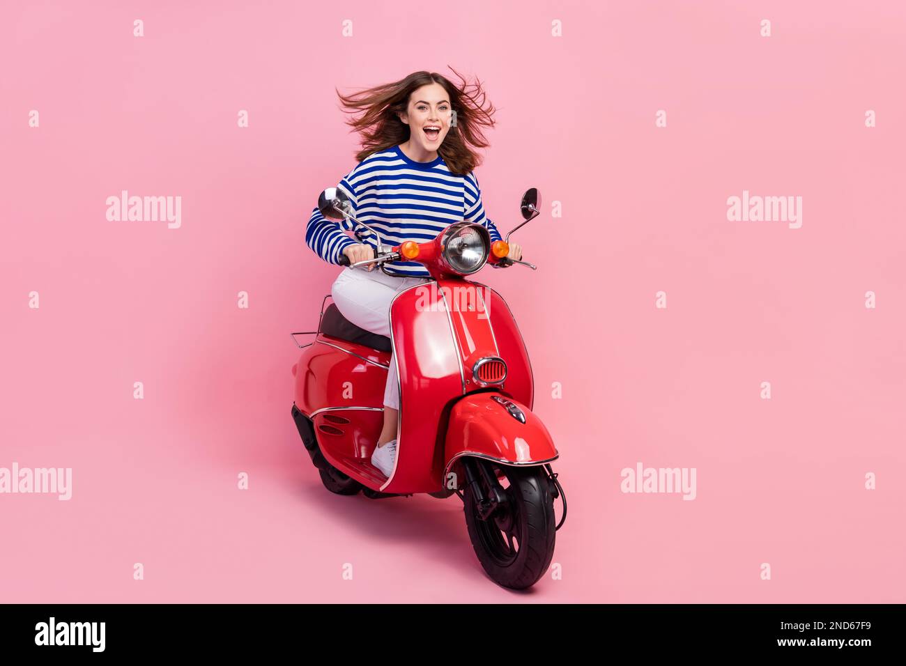 Full body photo of overjoyed positive lady drive moped have good mood ...