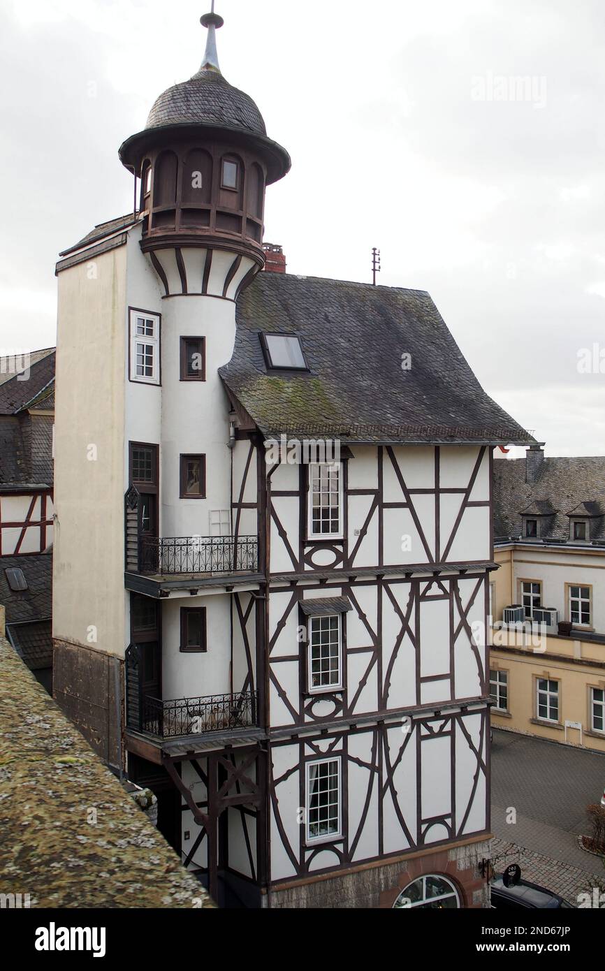 Multistory timber-framed old house with a turret in the heart of the ...