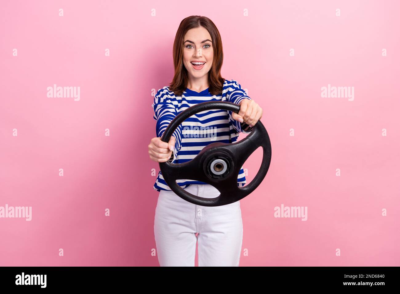Portrait Of Pretty Cheerful Lady Arms Hold Wheel Toothy Smile Good Mood