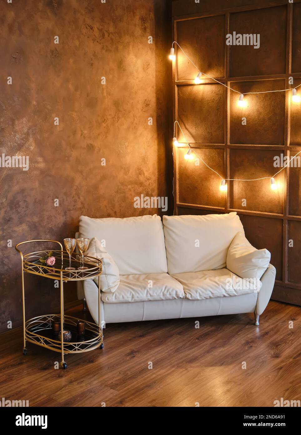 Empty comfy white couch, contemporary furniture inside of cozy living ...