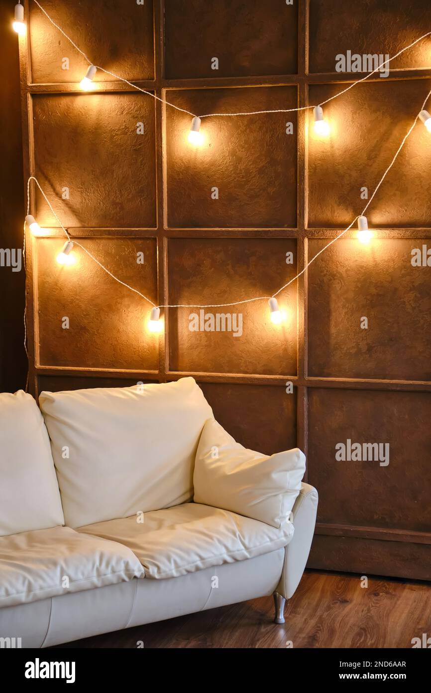 Empty comfy white couch, contemporary furniture inside of cozy living ...