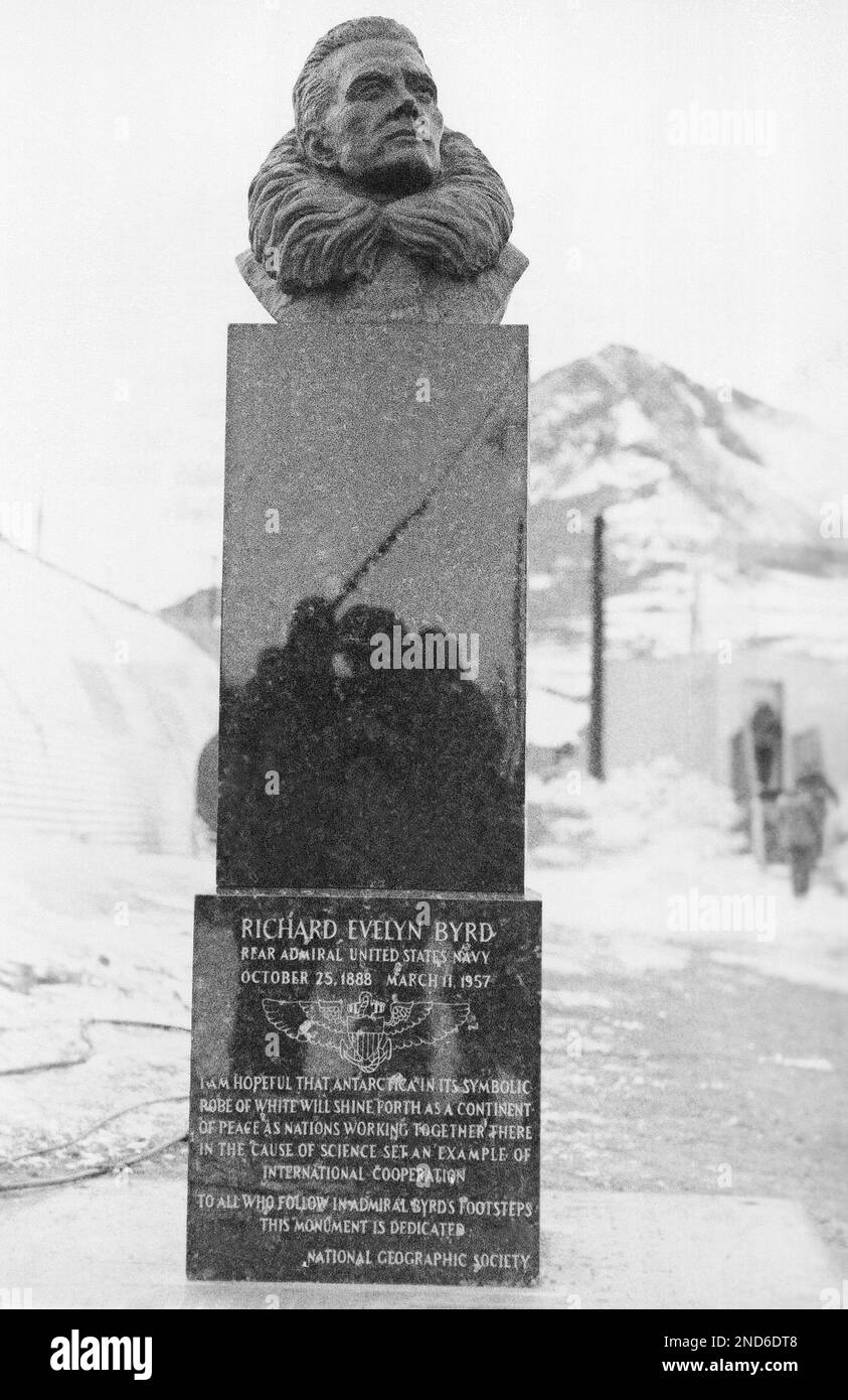 The bust of rear admiral Richard E. Byrd looks out over McMurdo station ...