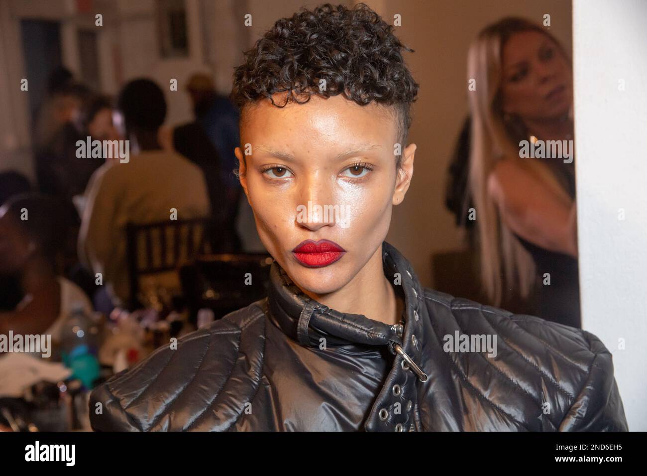 NEW YORK, NEW YORK - FEBRUARY 14: A model poses backstage at the Luis ...